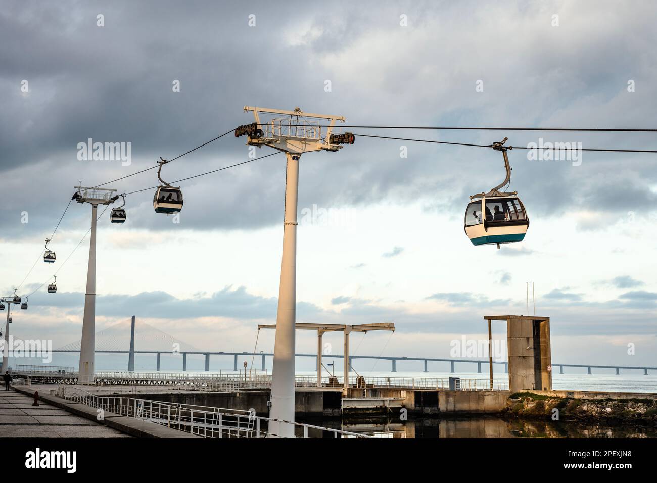 Cable car called Telecabine along Tagus River in Lisbon, the capital ...