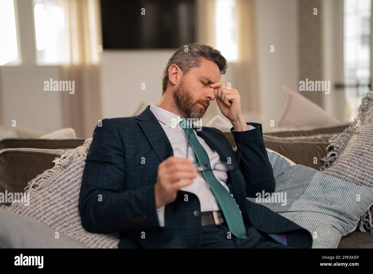 Head pain concept. Cephalalgia and migraine. Man with sinus headache ...