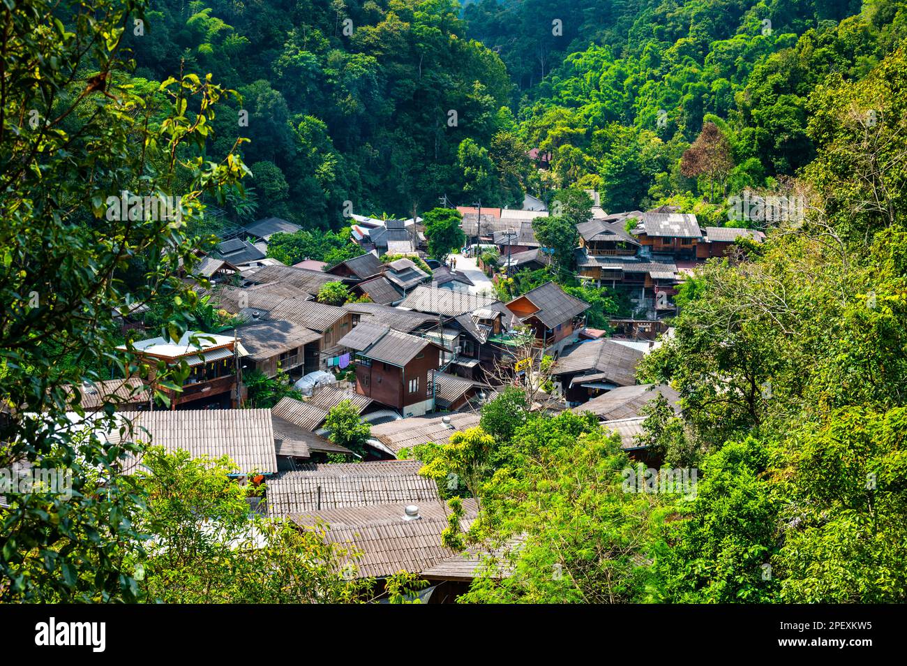 Panoramatic aerial view of Mae Kampong village, Thailand. Famous ...