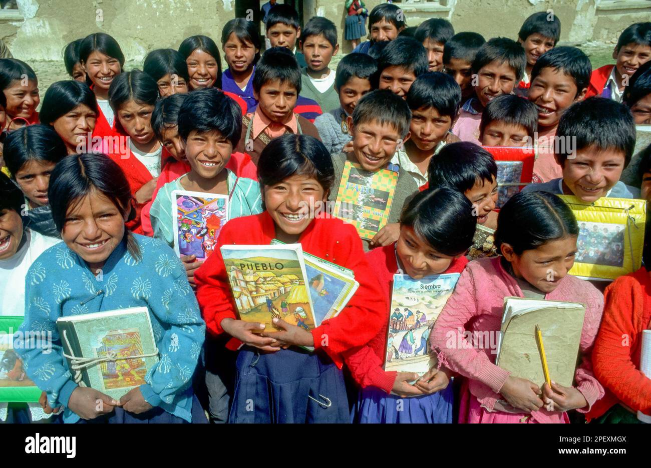 Bolivia, Potosi area. Primary school children in front of their primary ...