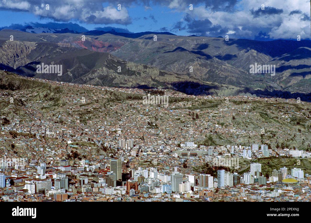 Bolivia, La Paz. View of the city with high rise buildings in the ...