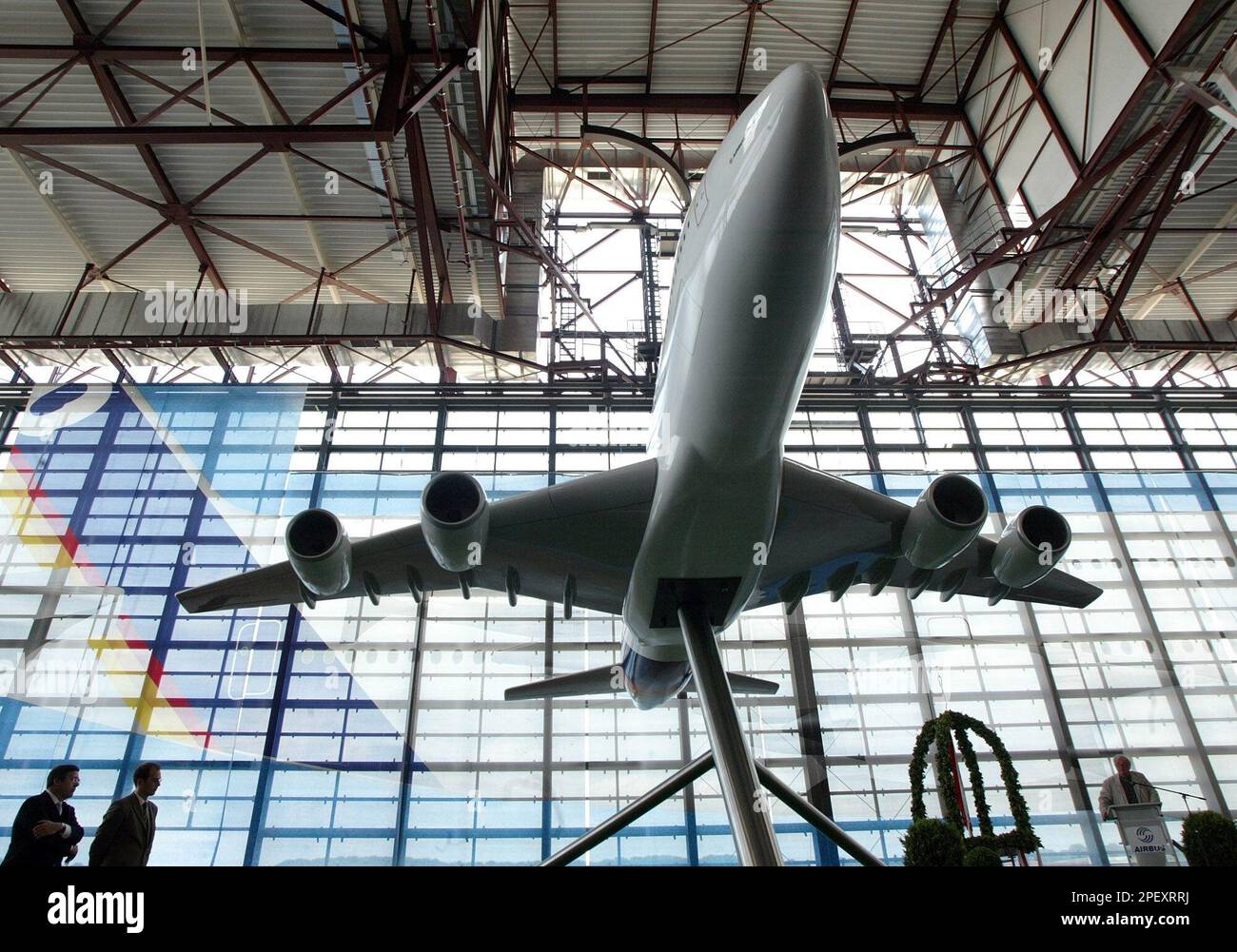 A scale model of an Airbus A380 is presented during the topping-out ...