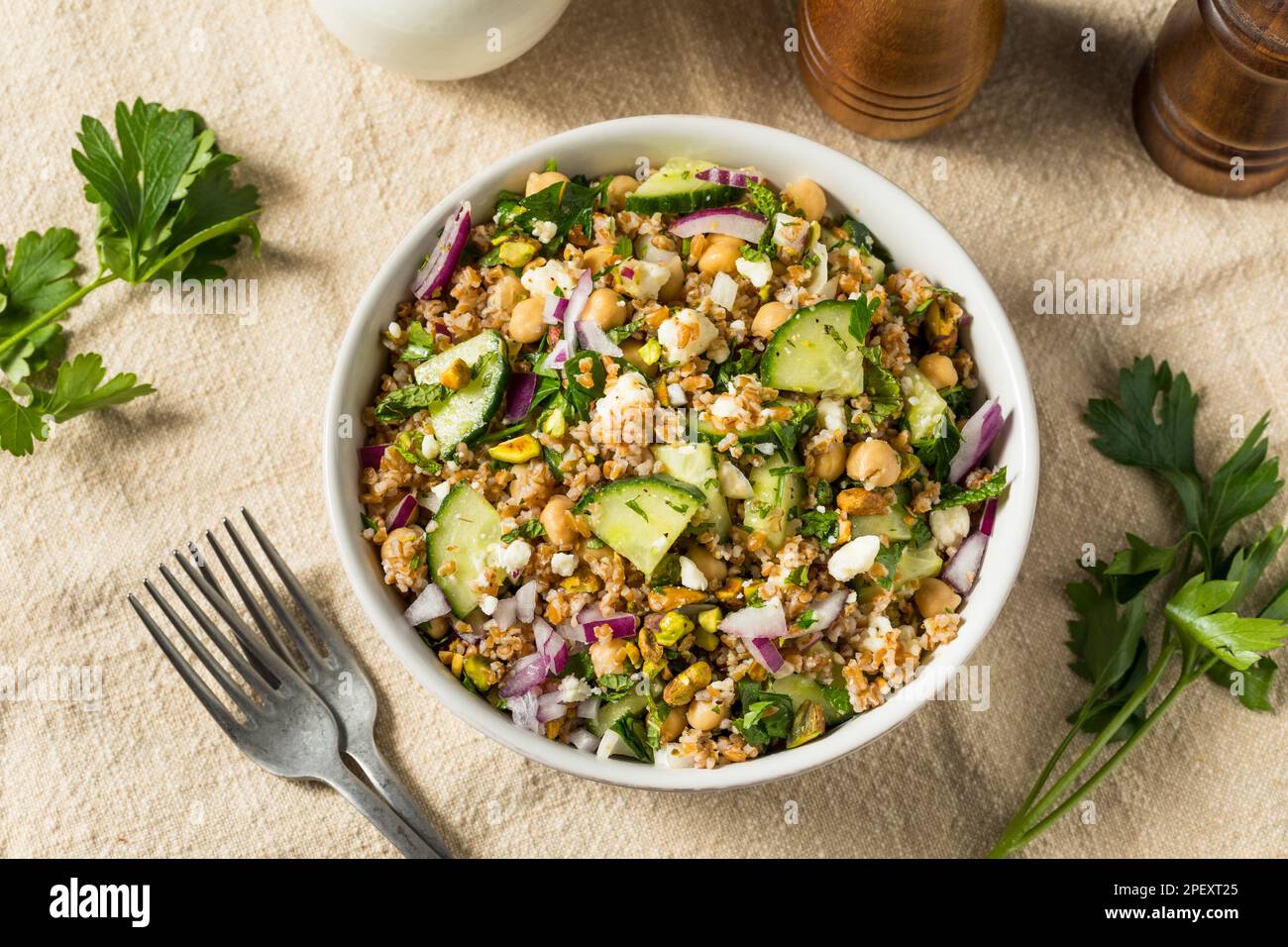Jennifers Organic Raw Bulgar Wheat Salad with Cucumber and Feta Stock ...