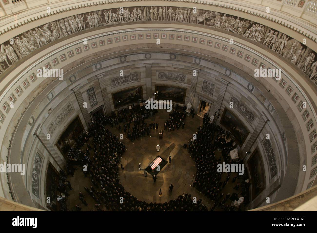 Overhead view of the body of former President Ronald Reagan lying in ...