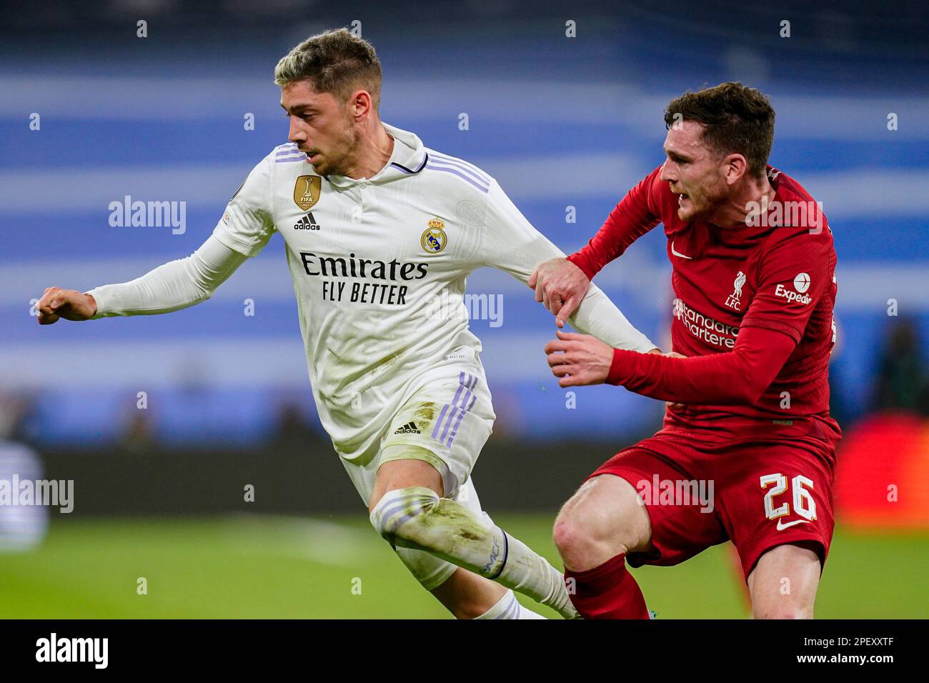 Fede Valverde of Real Madrid and Andy Robertson of Liverpool FC during ...