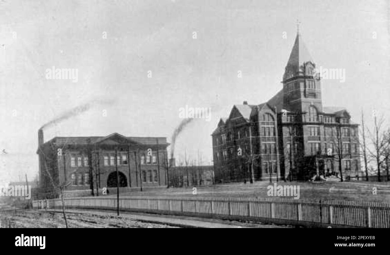 An early photograph of the new Shop Building (left) and Tech Tower ...
