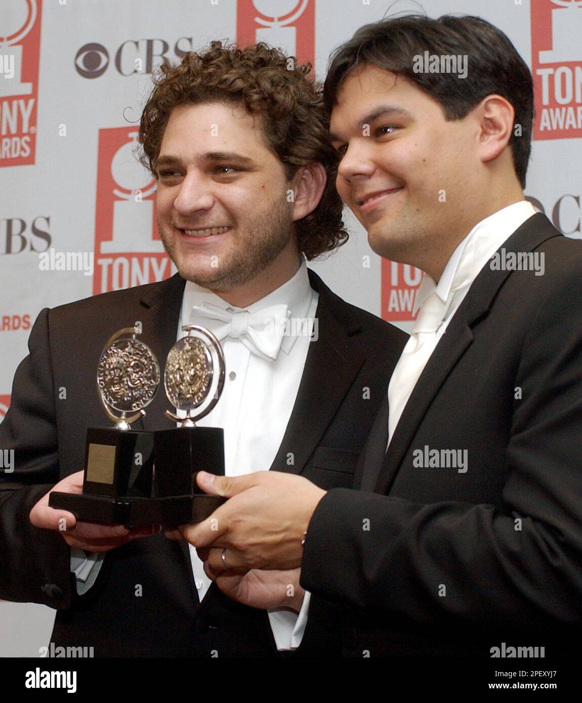 Jeff Marx, left, and Robert Lopez, pose with their Antoinette Perry ...