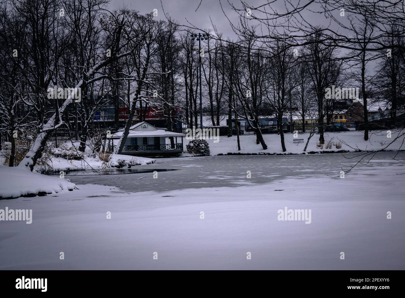 the water fowl house with low roof and patio built over Griffin's Pond ...