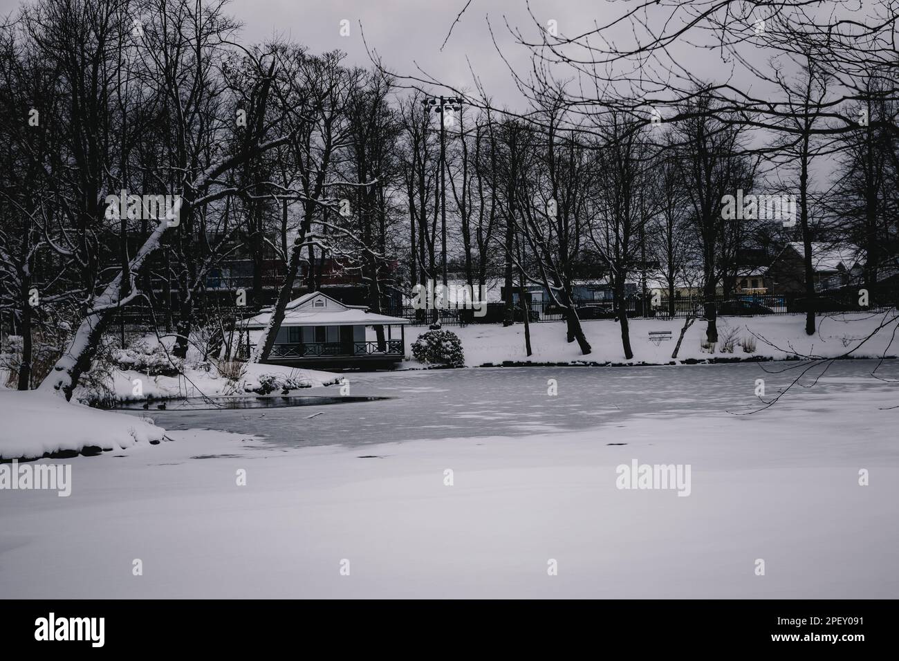 the water fowl house with low roof and patio built over Griffin's Pond ...