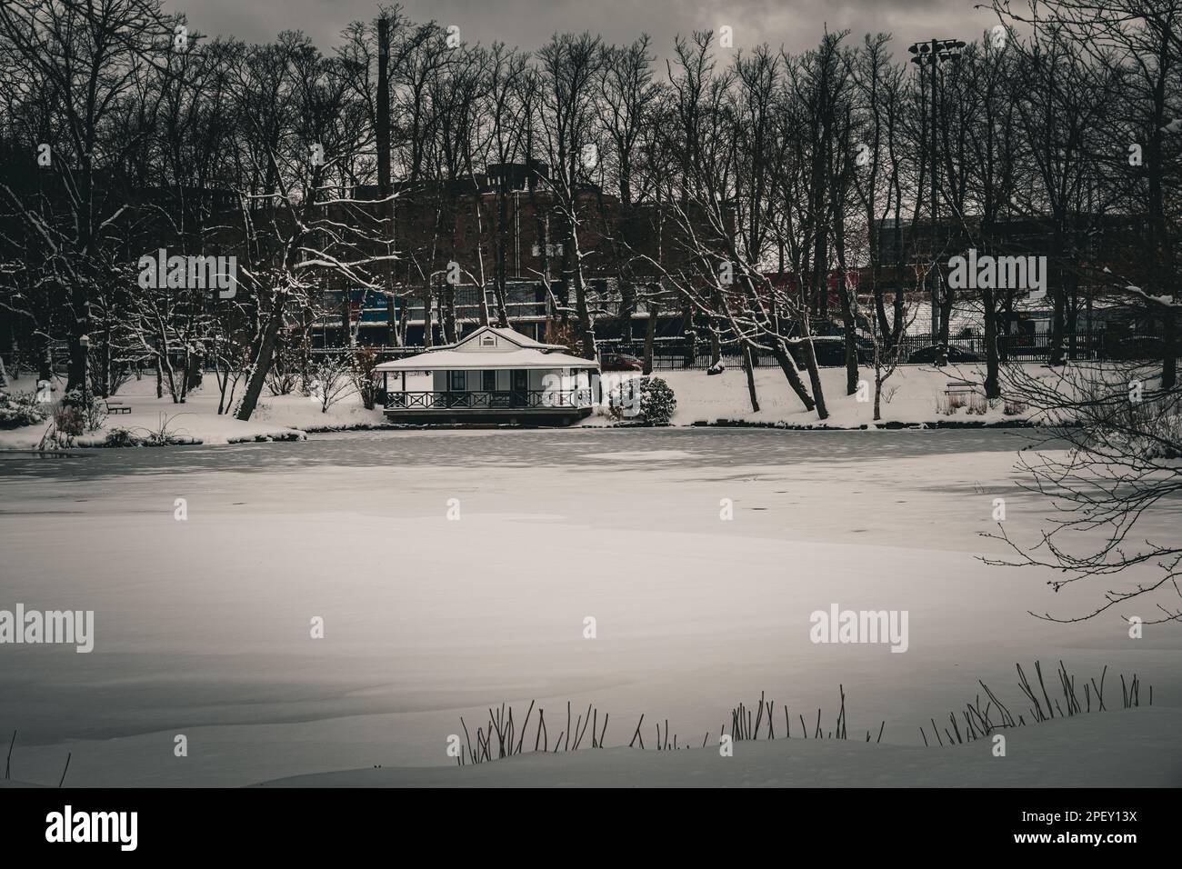 the water fowl house with low roof and patio built over Griffin's Pond ...