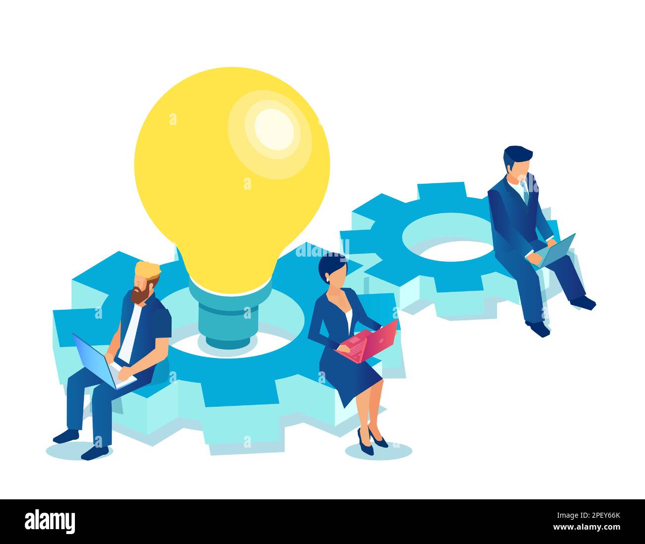 Vector of a group of people working on laptops generating and share ...