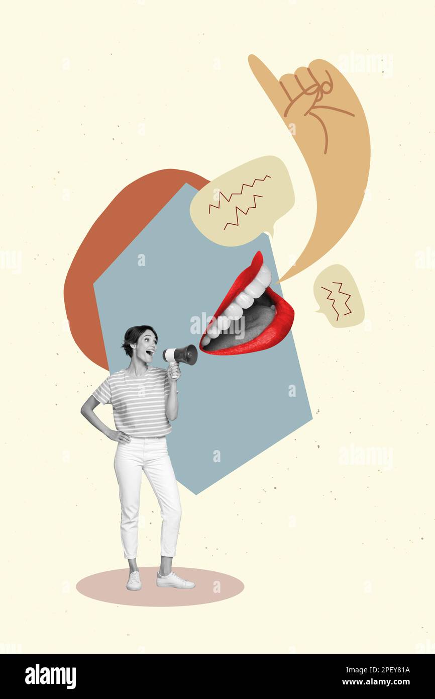 Artwork magazine collage picture of funny lady shouting toa arm genius ...