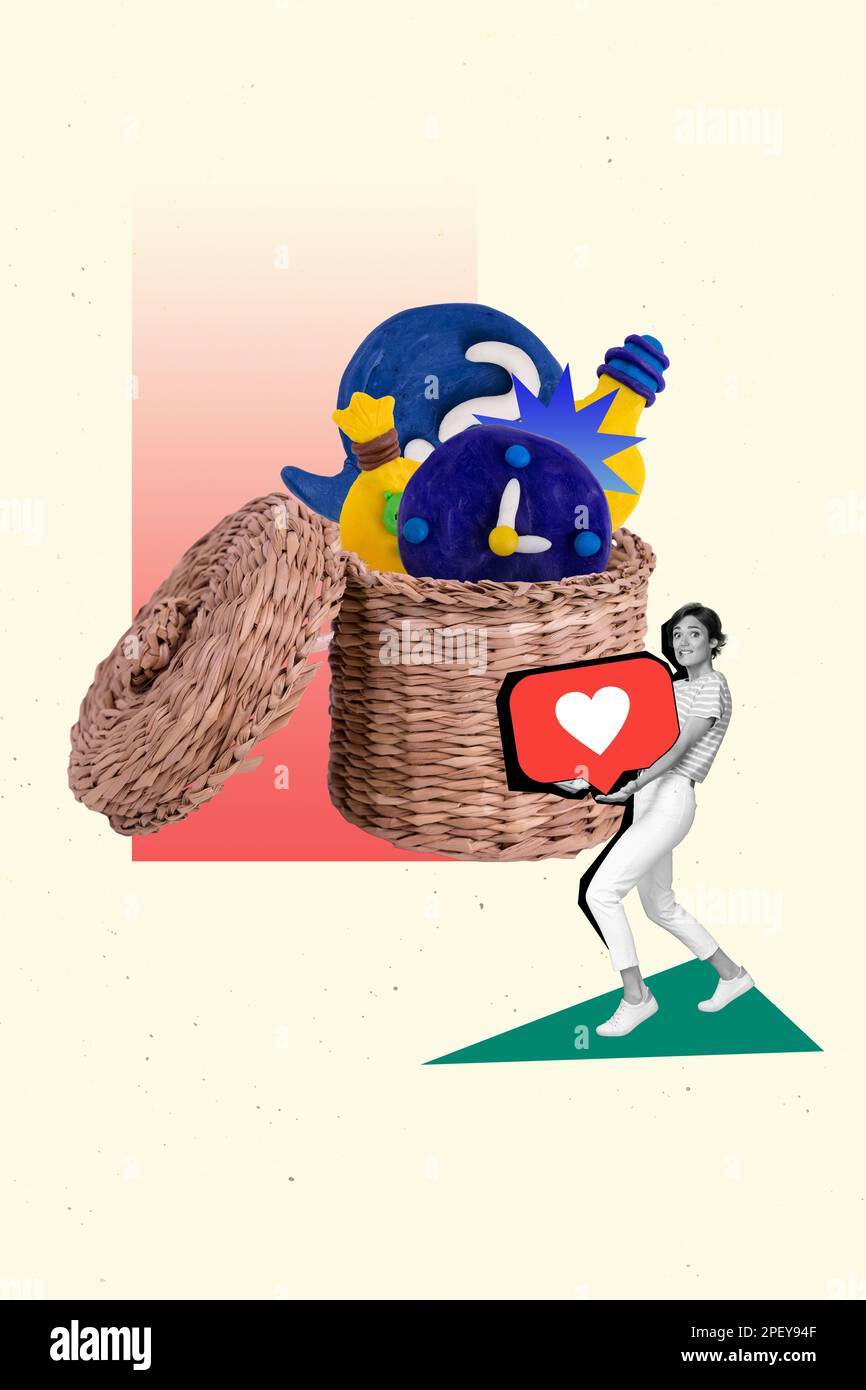 Creative retro 3d magazine collage image of funny funky lady collecting ...