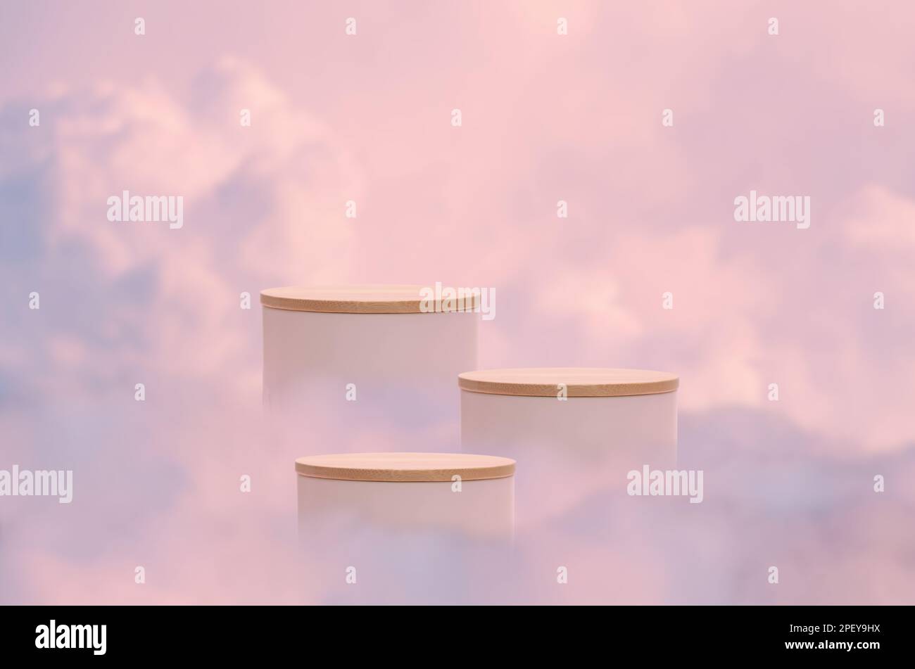 Surreal podium outdoor on blue sky pink violet pastel soft clouds with ...