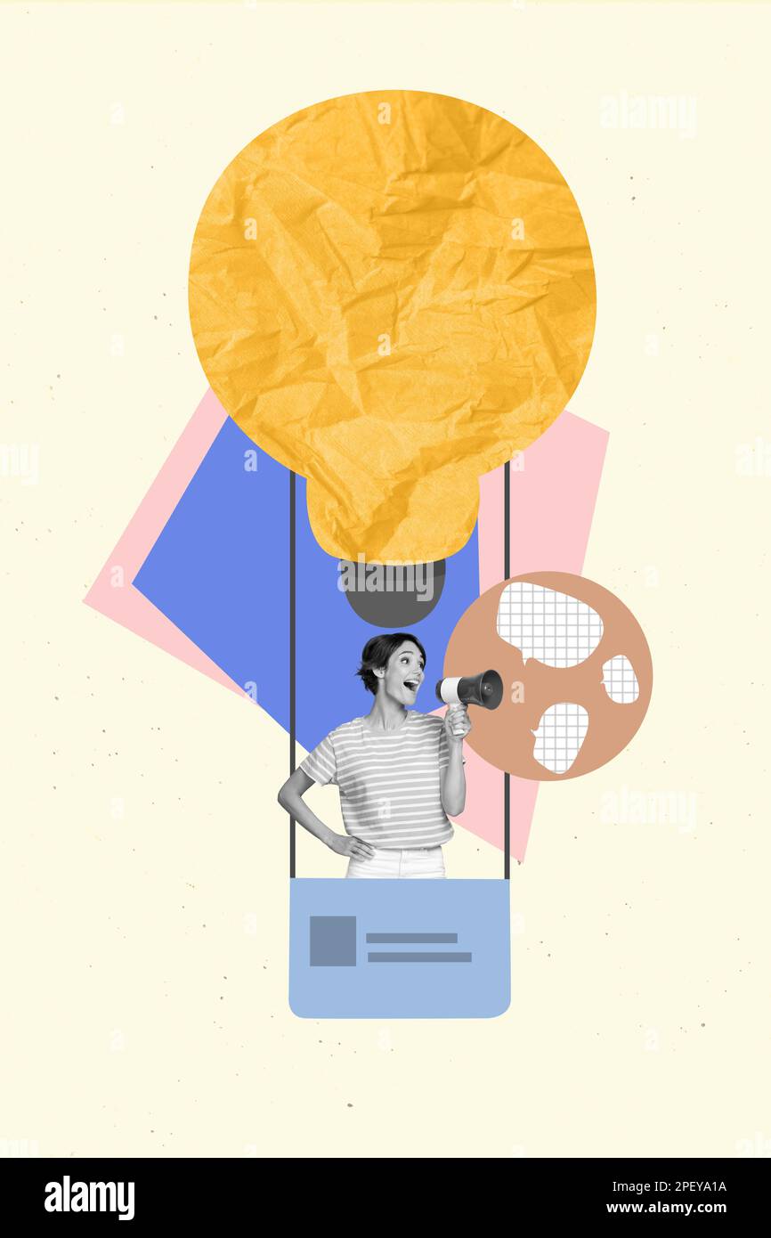 Photo cartoon comics sketch collage picture of funny lady flying bulb ...