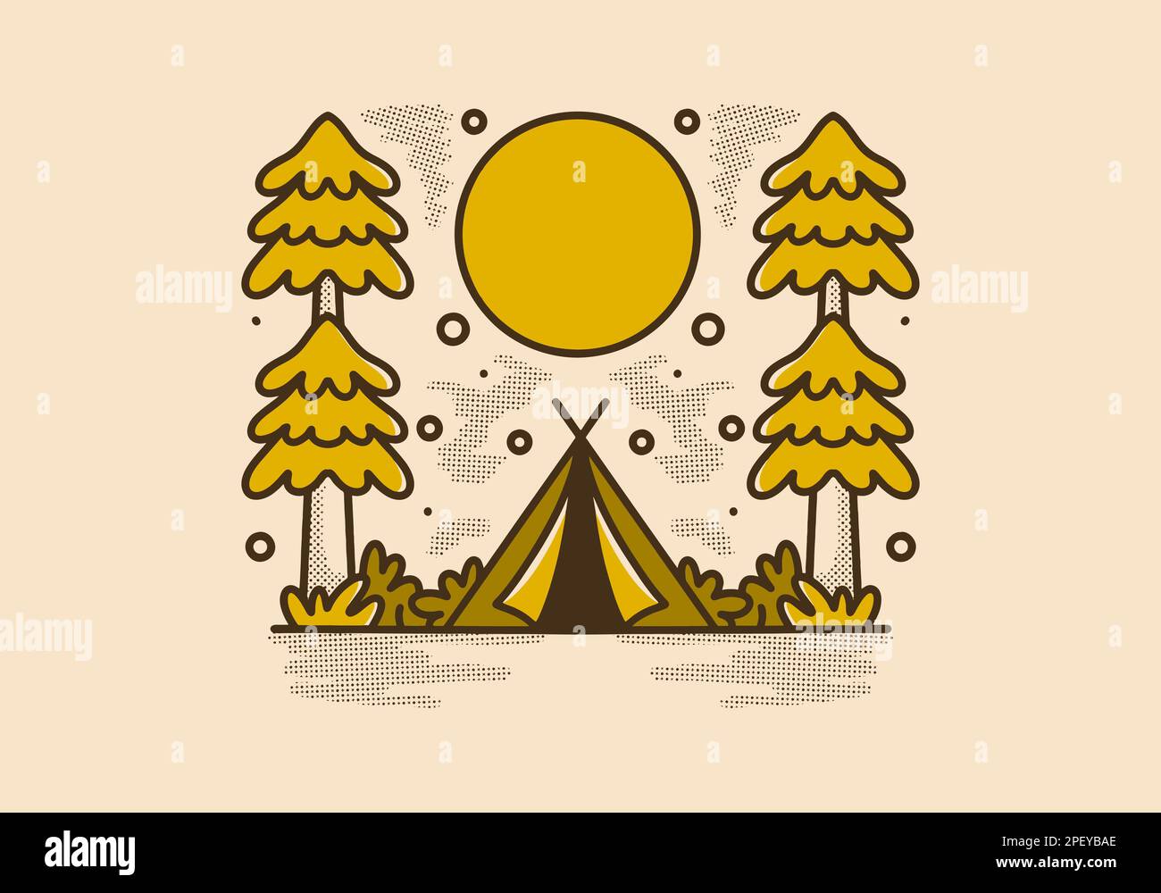 Camping tent between two big pine trees illustration design Stock ...