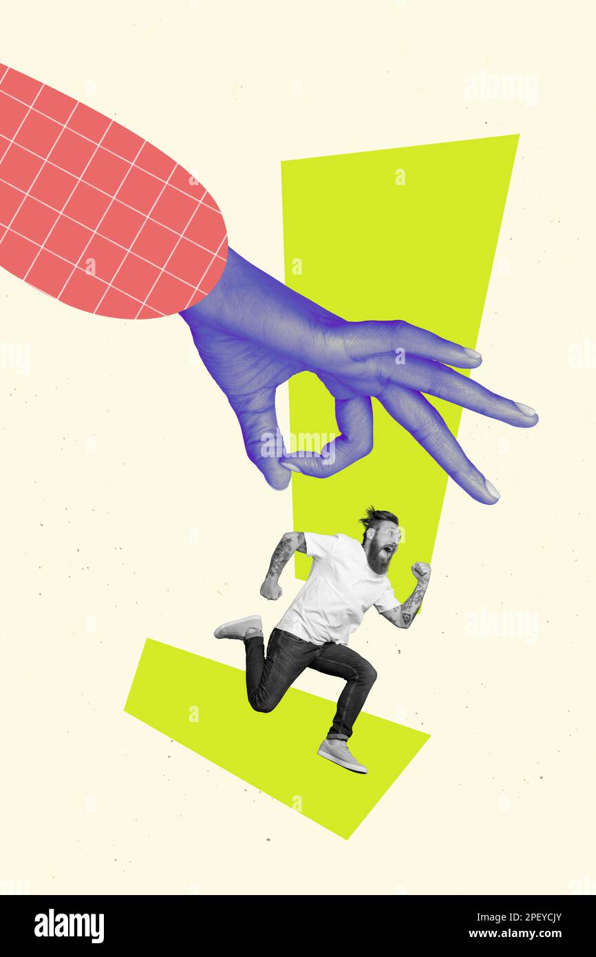 Artwork magazine collage picture of big arm flicking fingers running ...