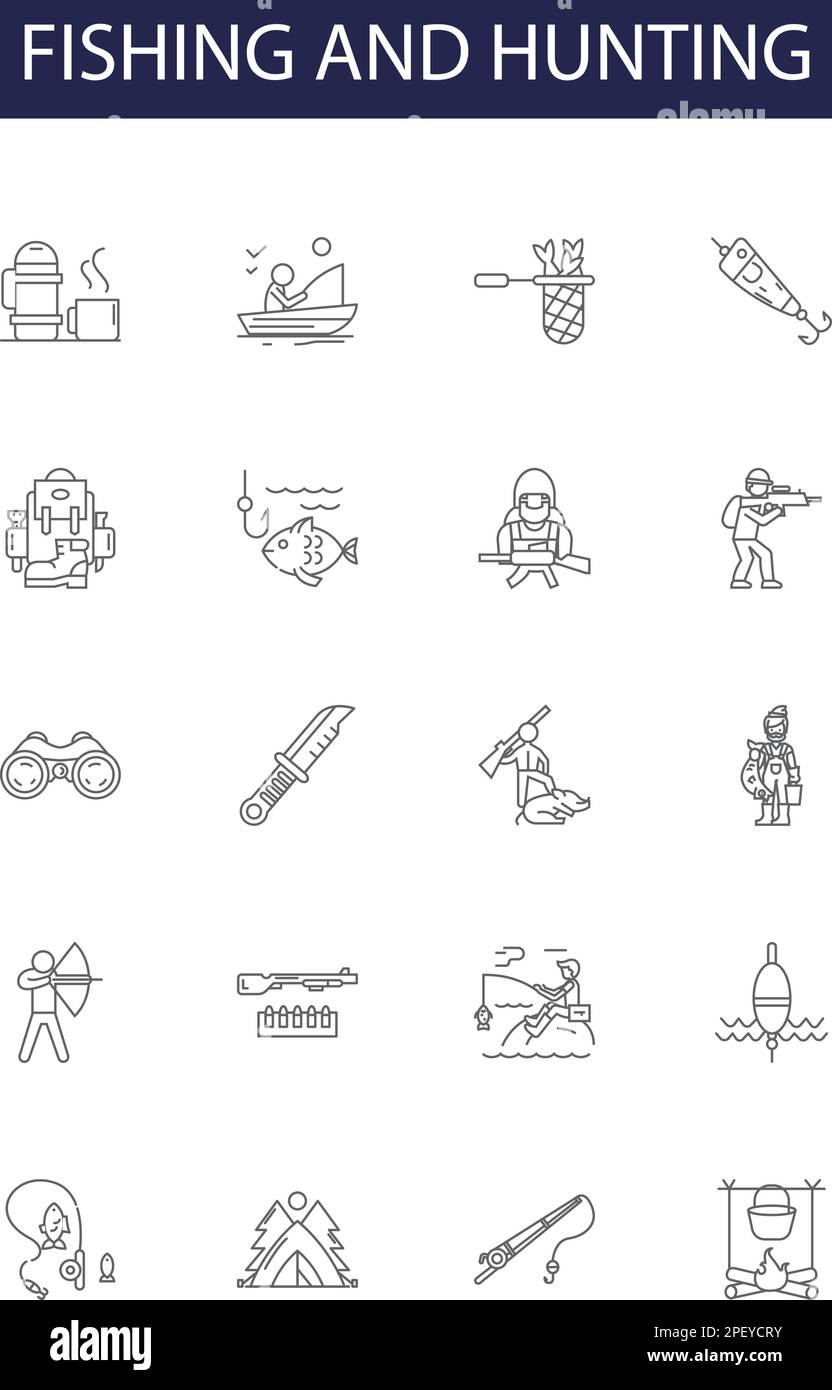 Fishing and hunting line vector icons and signs. fish, river, sport ...