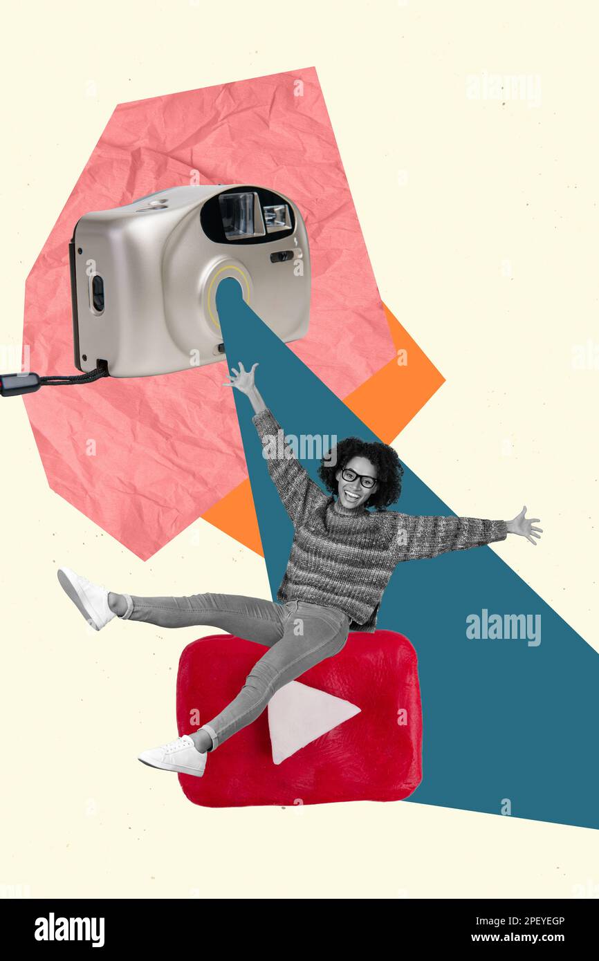 Creative retro 3d magazine collage image of excited smiling lady ...