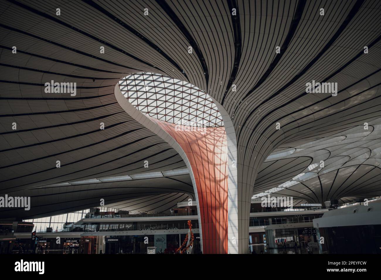 A modern architectural structure featuring curved rooflines and a ...