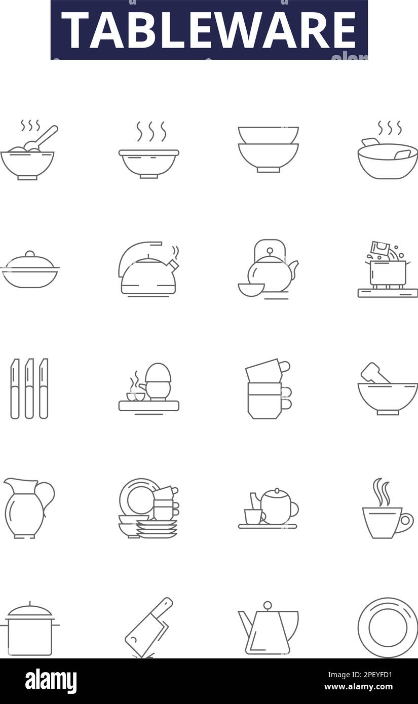 Tableware line vector icons and signs. Plates, Bowls, Glasses, Mugs ...
