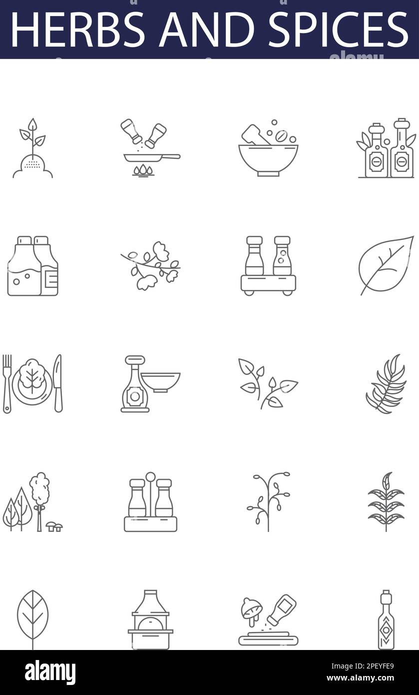 Herbs and spices line vector icons and signs. indian, herb, cooking ...