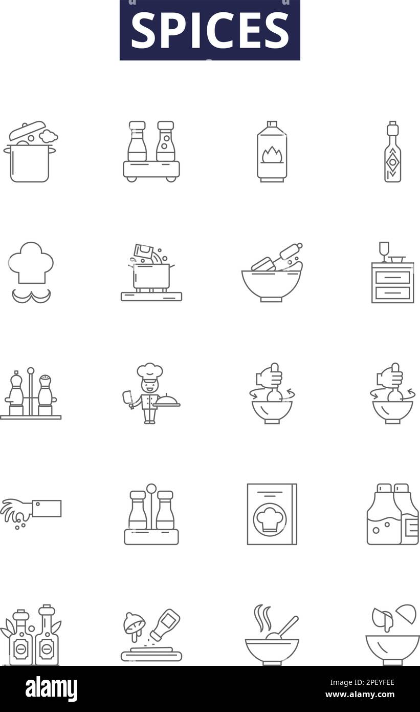 Spices line vector icons and signs. Paprika, Salt, Turmeric, Anise ...