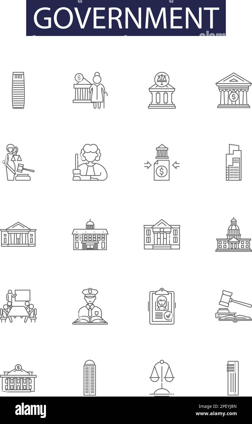 Government line vector icons and signs. Law, Administration, Bureaucracy, Sovereignty, Regulate ...