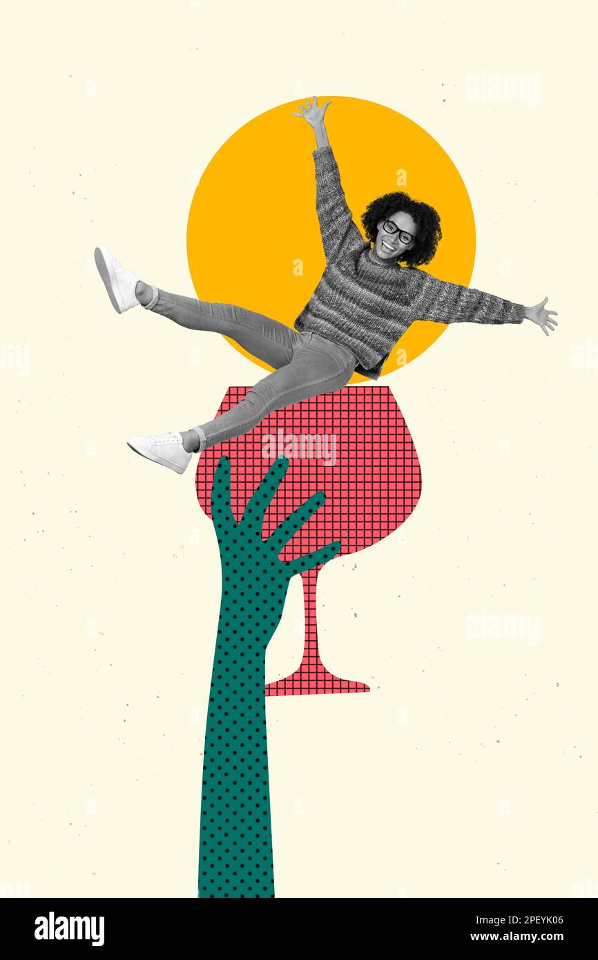 Photo collage artwork minimal picture of funny drunk lady sitting big ...