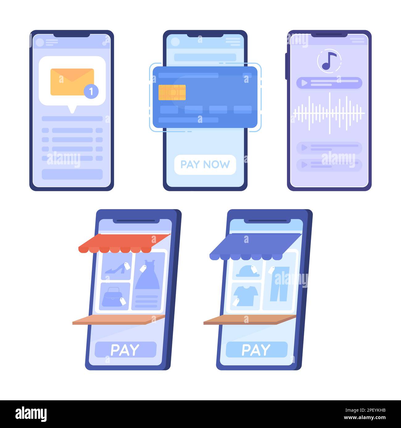 Mobile phone screens with applications flat concept vector spot ...