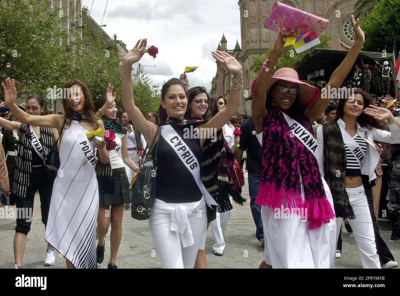 From left, Paulina Panek, Miss Poland; Nayia Iakovidou, Miss Cyprus ...