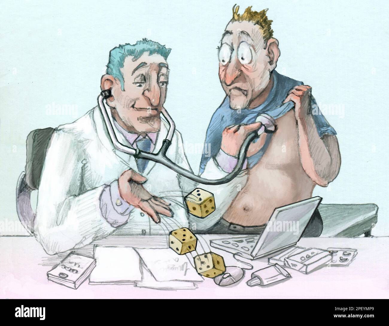 a doctor rolls the dice while visiting a patient, concept of luck in ...