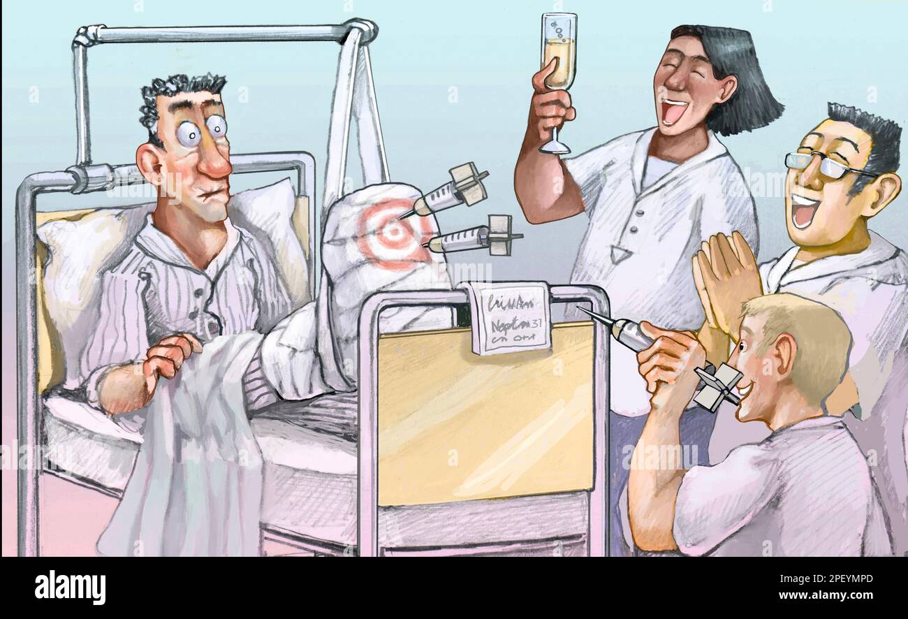 man with leg in plaster in hospital, nurses using plaster leg as dart ...