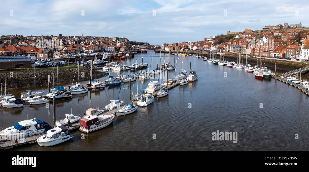 WHITBY, UK - MARCH 12, 2023. An aerial landscape of the River Esk ...