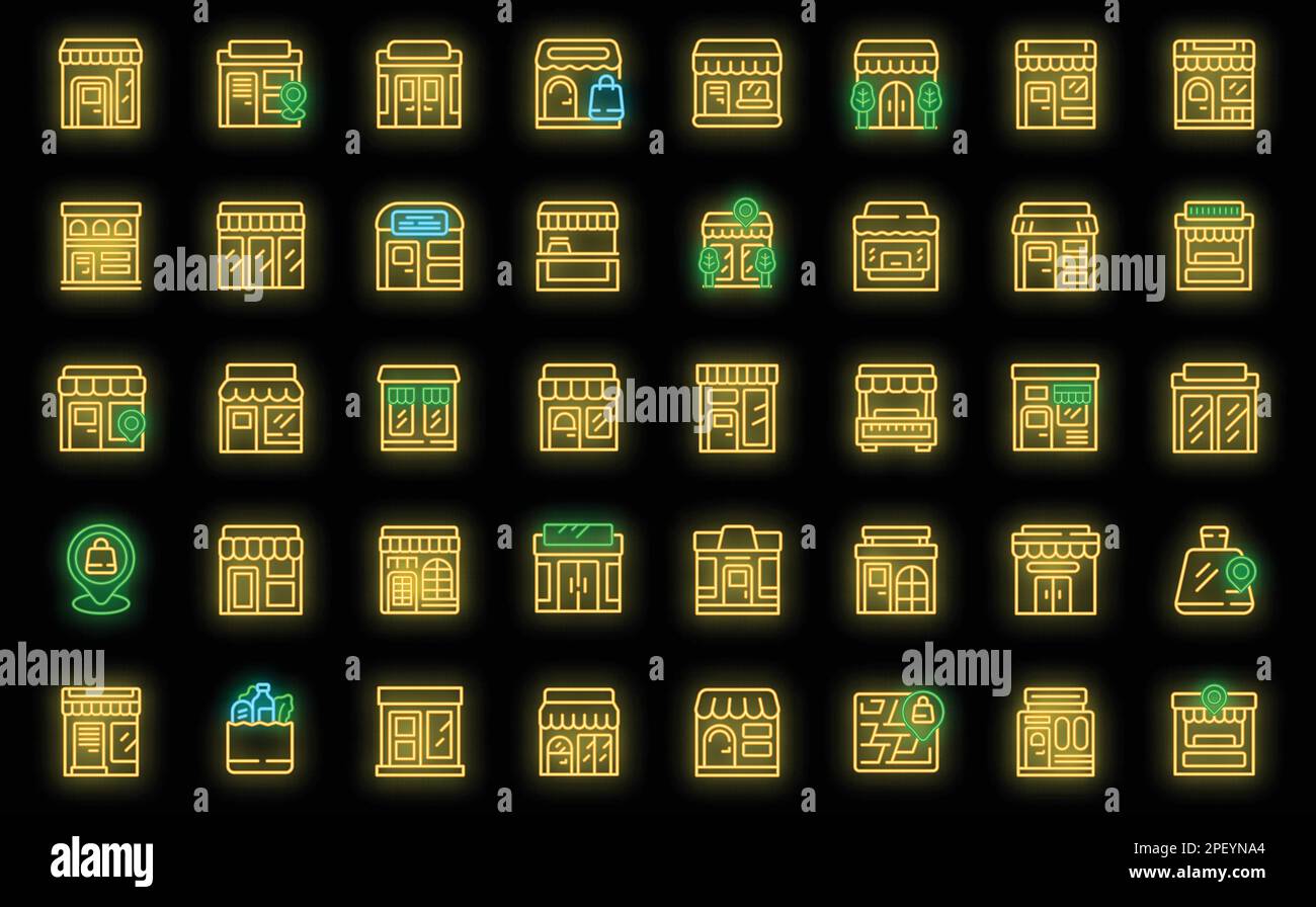 Local shop icons set outline vector. Business store. Street city neon ...
