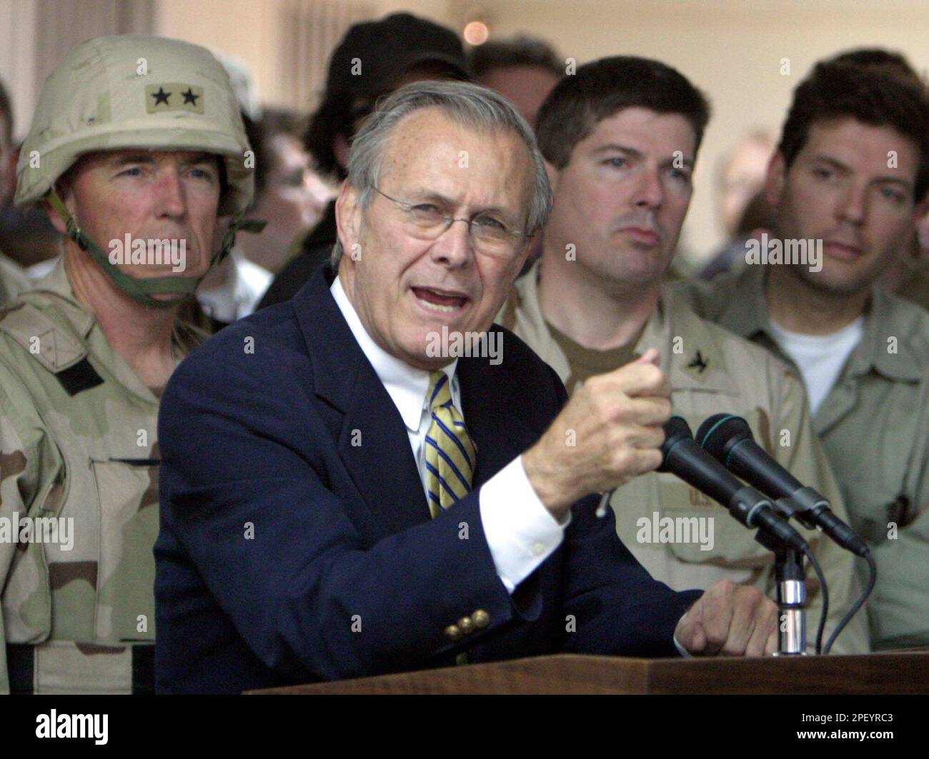 U.S. Defense Secretary Donald Rumsfeld addresses military personnel at ...