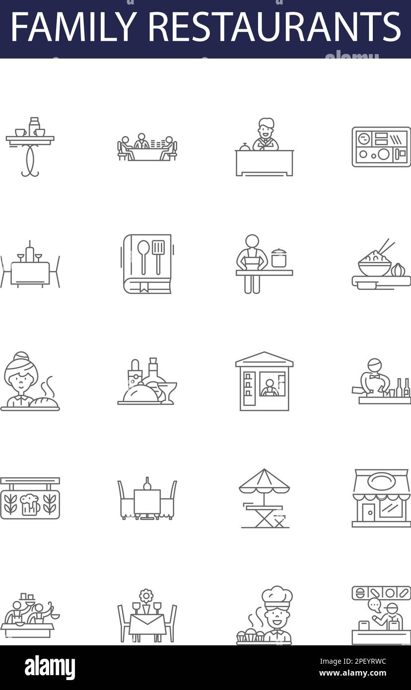 Family restaurants line vector icons and signs. family, lunch, people, happy, food, smiling ...