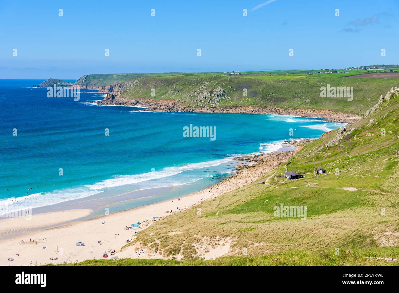 Sennen Cove beach and Cape Cornwall, beautiful bay with crystal clear ...