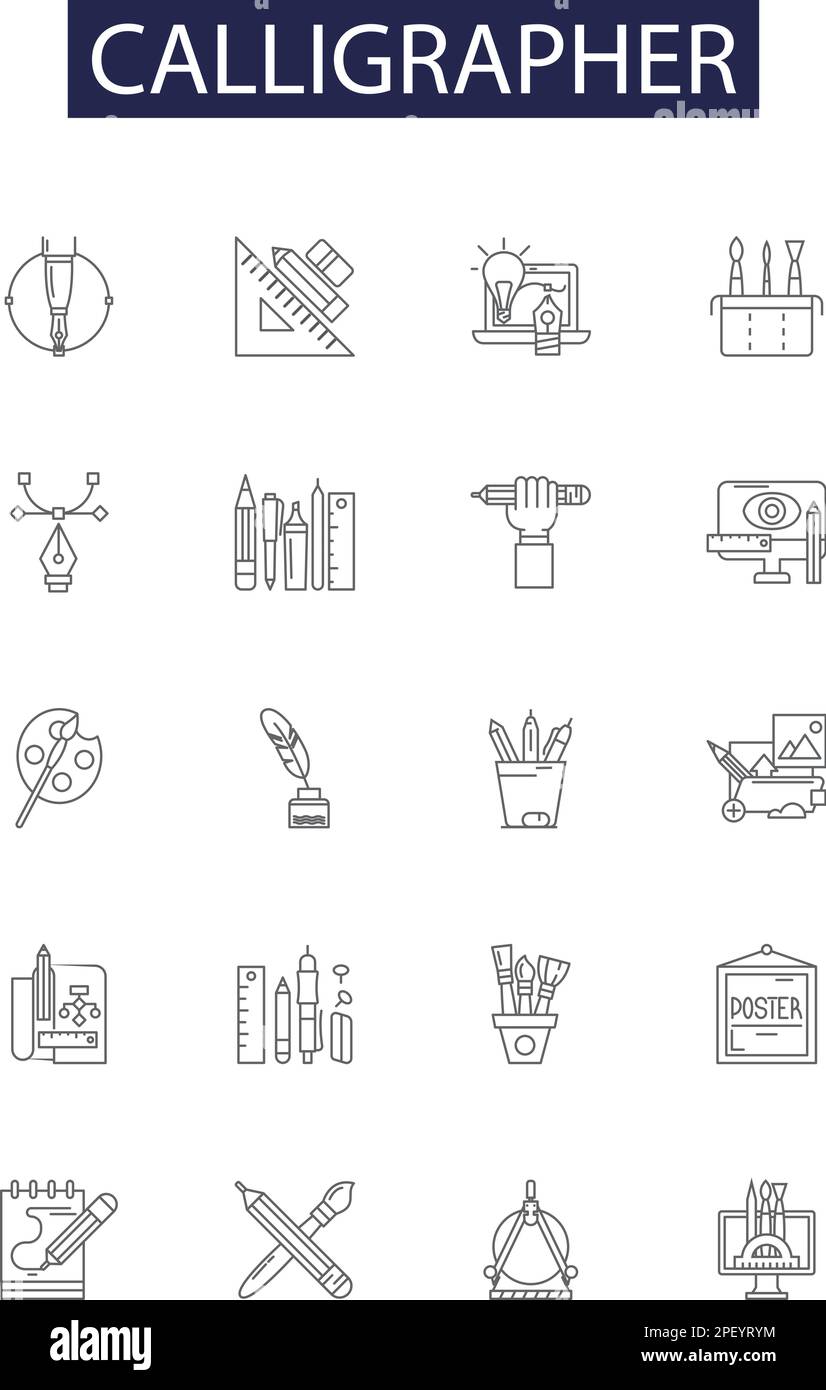 Calligrapher line vector icons and signs. Penman, Penmanship, Scribe ...