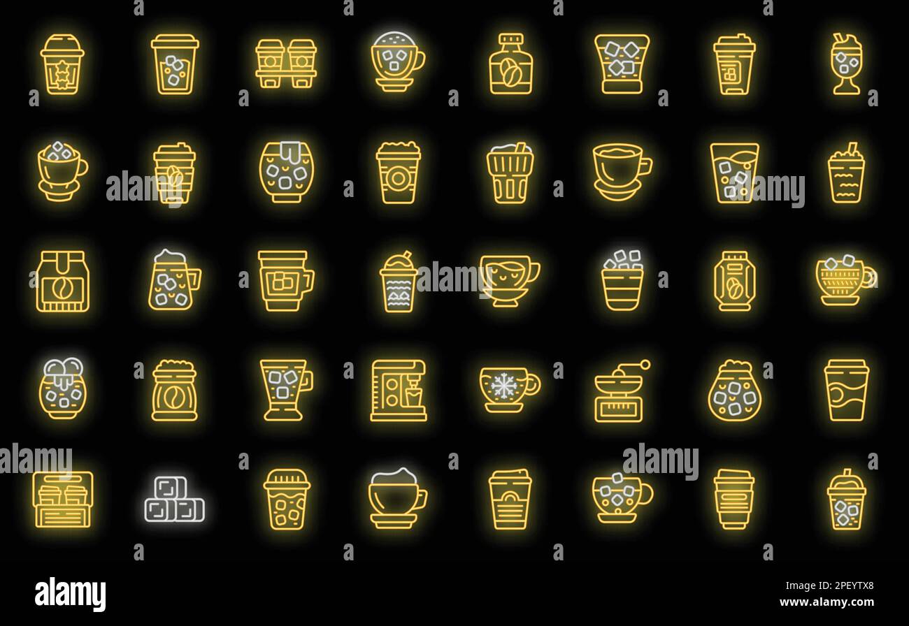 Cold coffee icons set outline vector. Milk americano. Cafe cup neon ...
