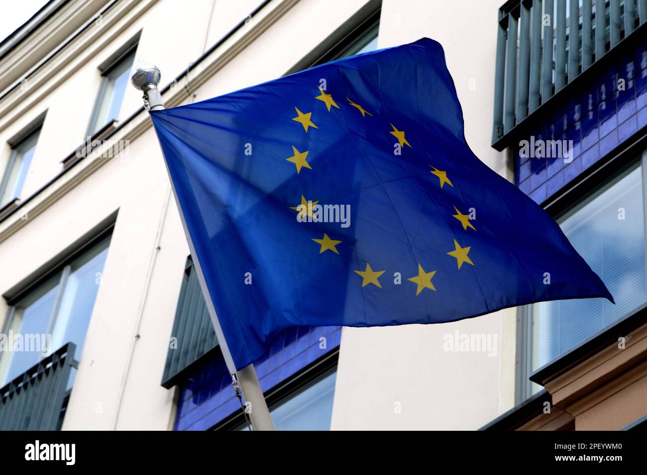 Flag of the European Union (Schengen area) on the building of the ...