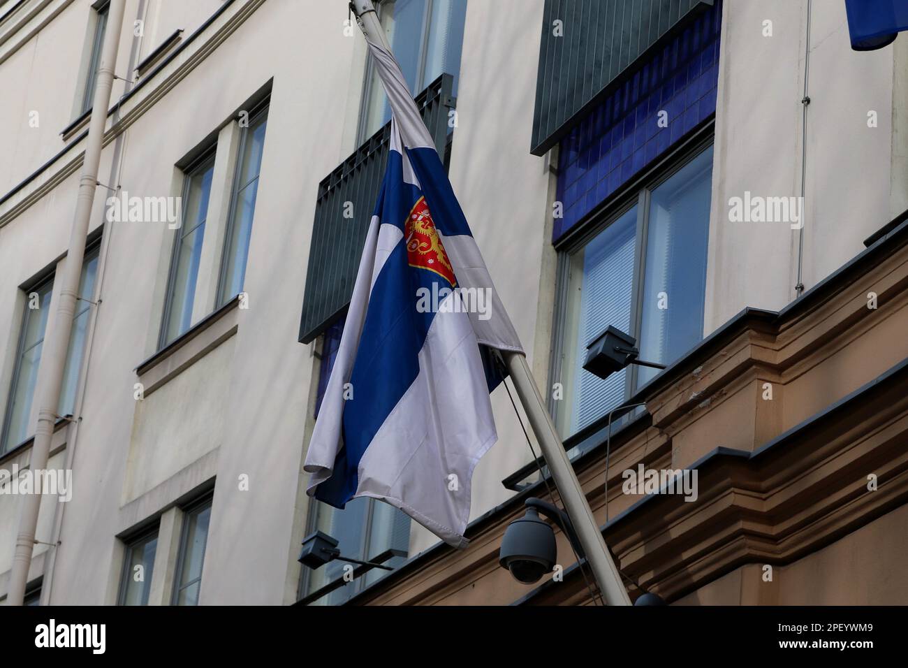 Flag of the Republic of Finland on the building of the Consulate ...