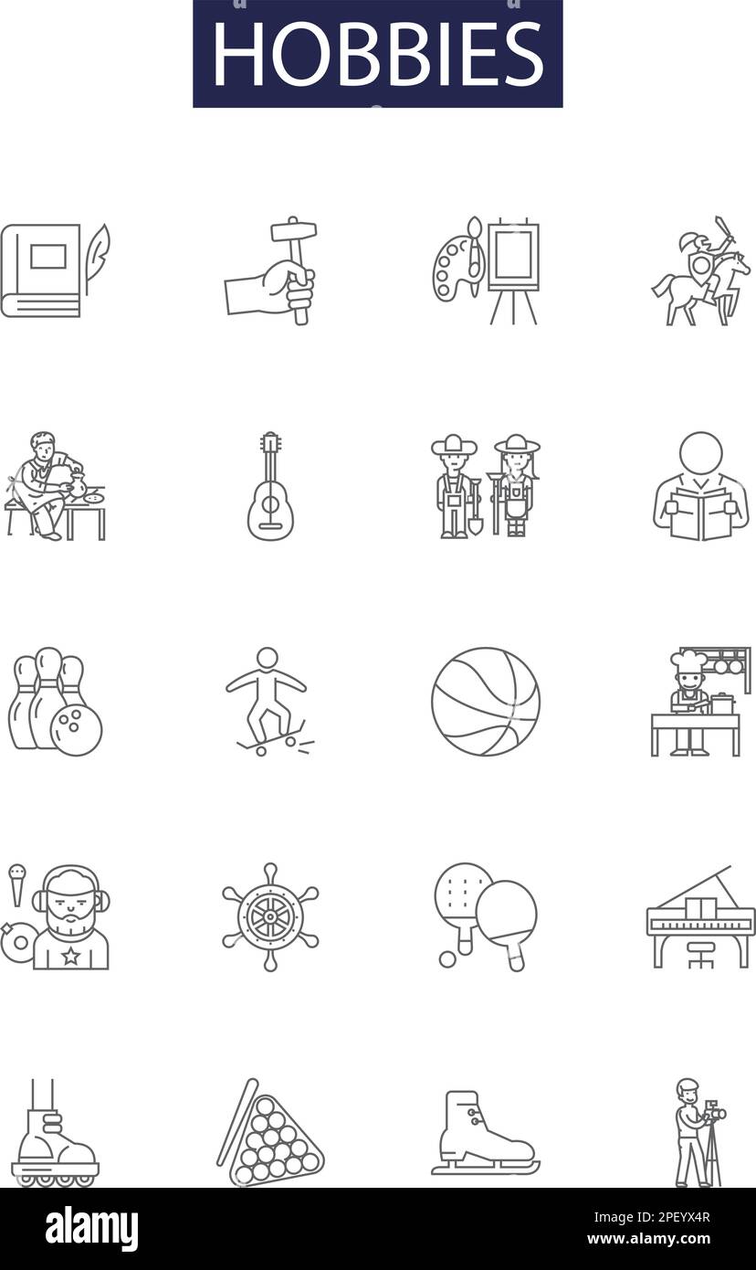 Hobbies Line Vector Icons And Signs. Painting, Hiking, Biking, Fishing