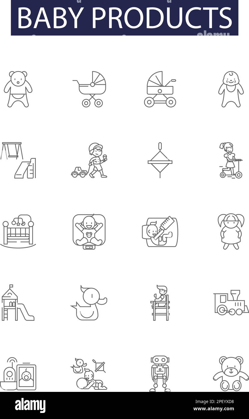 Baby products line vector icons and signs. Stroller, Bouncer, Diaper ...