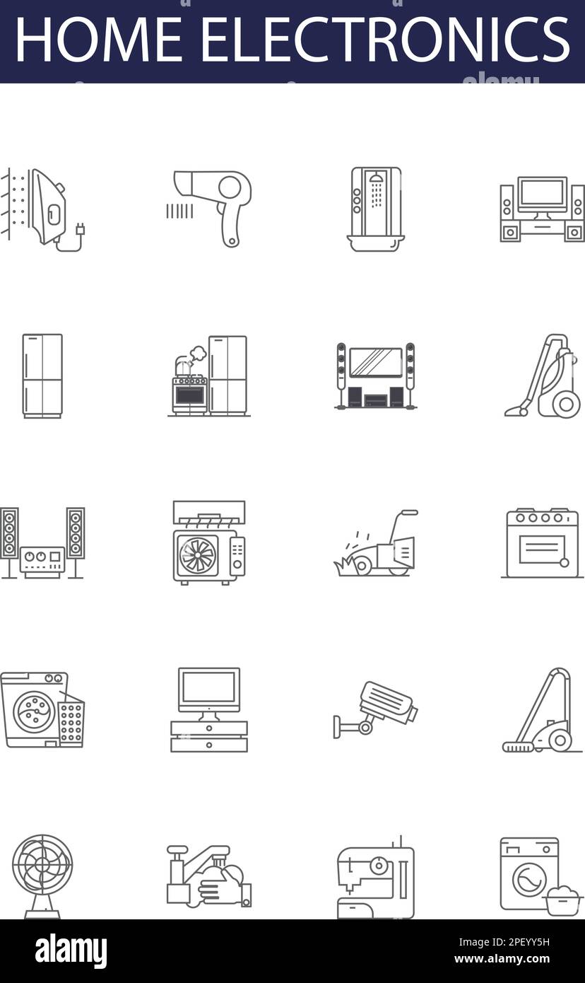 Home electronics line vector icons and signs. Computers, Cameras, Fridges, Radios, Bluetooth ...