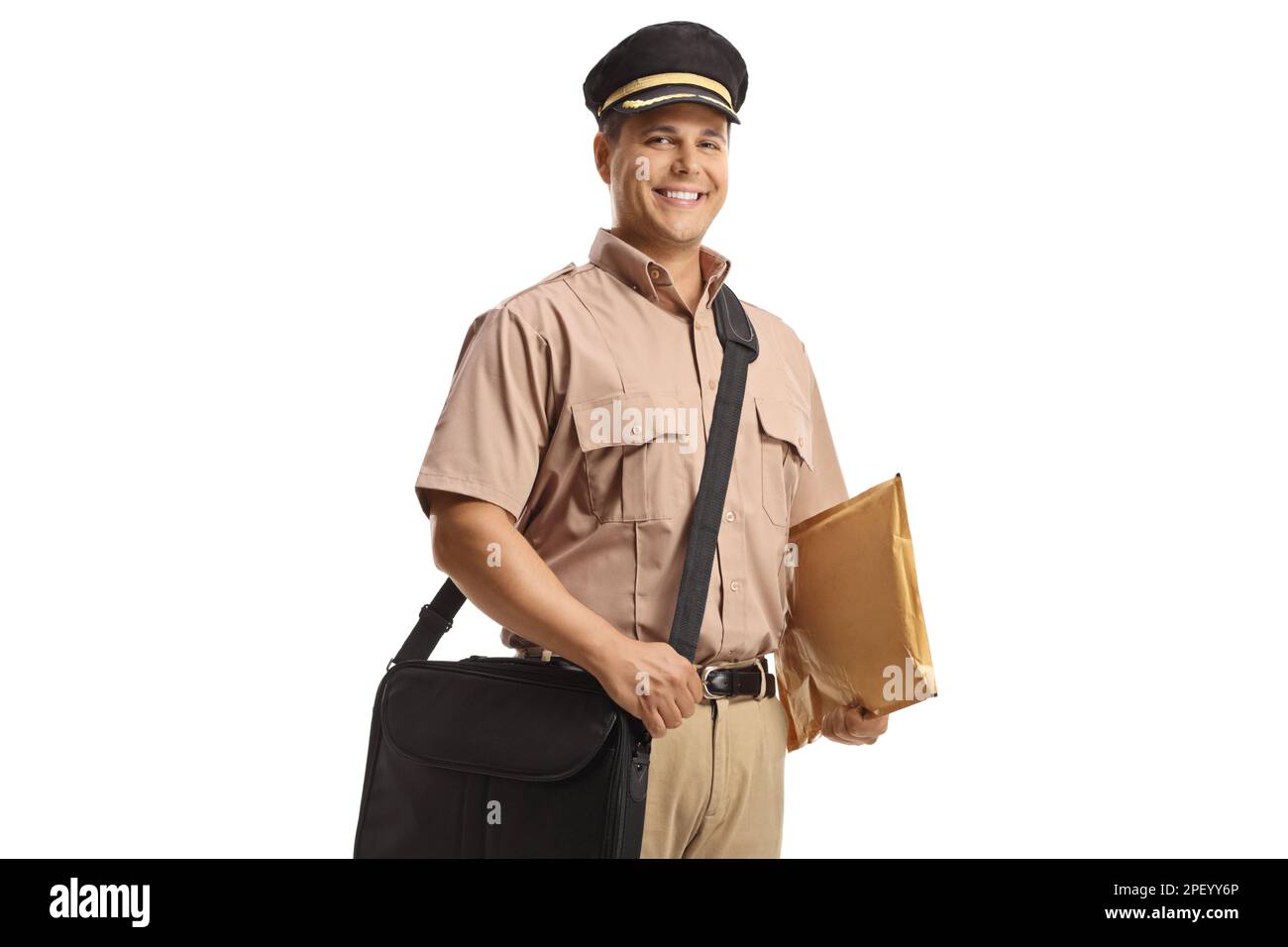 Portrait of a postman in a uniform carrying a bag and a letter isolated ...