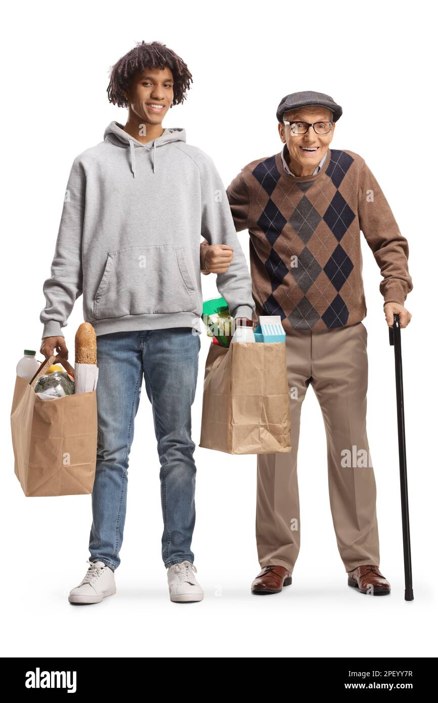 Young african american man helping anold man with grocery bags isolated ...