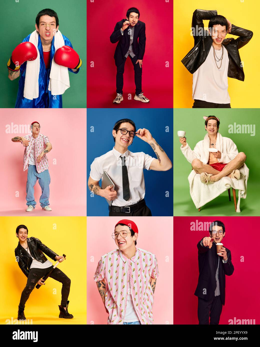 Hobbies. Collage of portraits of young man in different fashion style ...