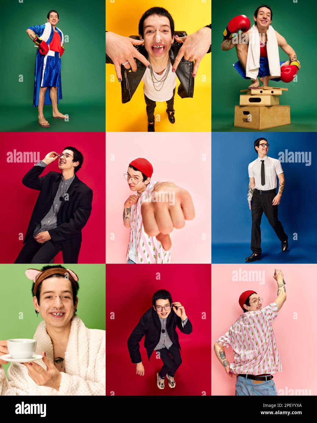 Collage of portraits of young man in different fashion style and images ...
