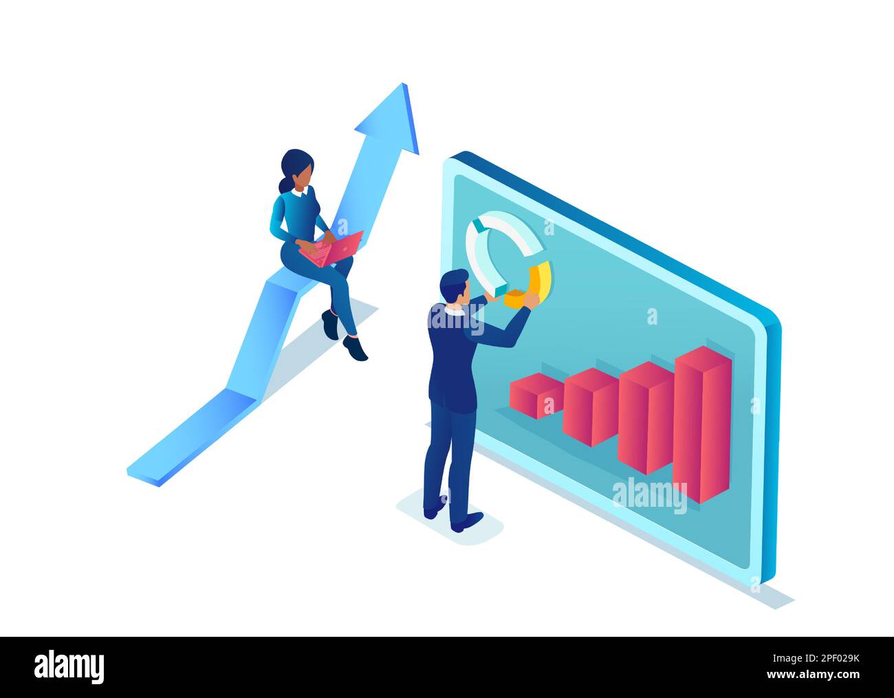 Vector of business people using mobile gadgets to analyze financial ...